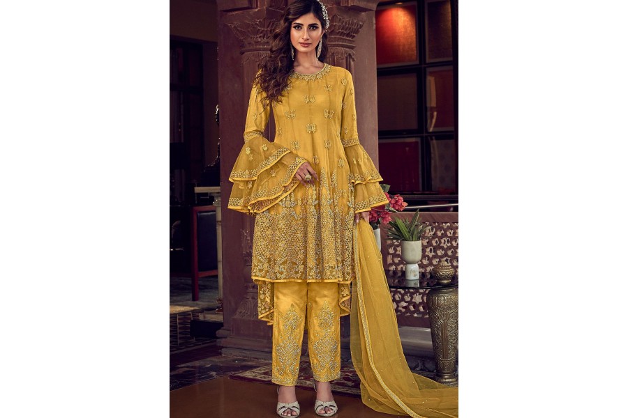yellow net embroidered pakistani trouser suit 6603