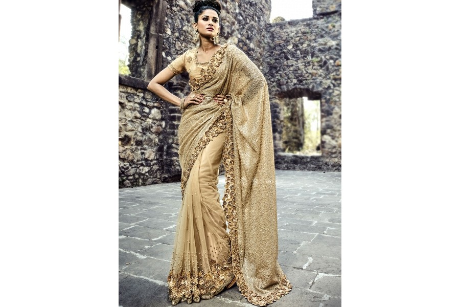 Buy Gold color imported fabric and net wedding wear saree in UK, USA ...