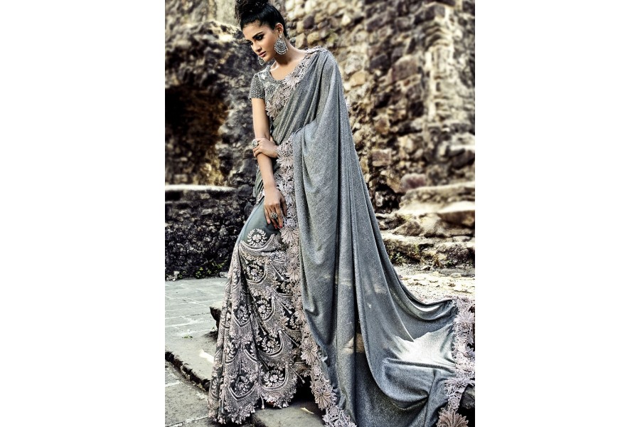 Buy Grey color imported pallu and net wedding wear saree in UK, USA and ...