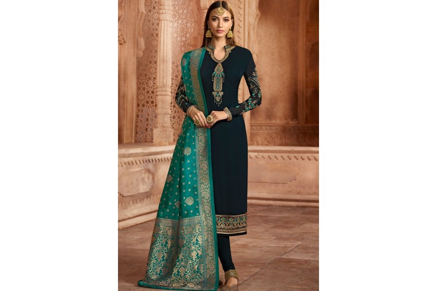 dark blue georgette embroidered straight churidar suit 12081