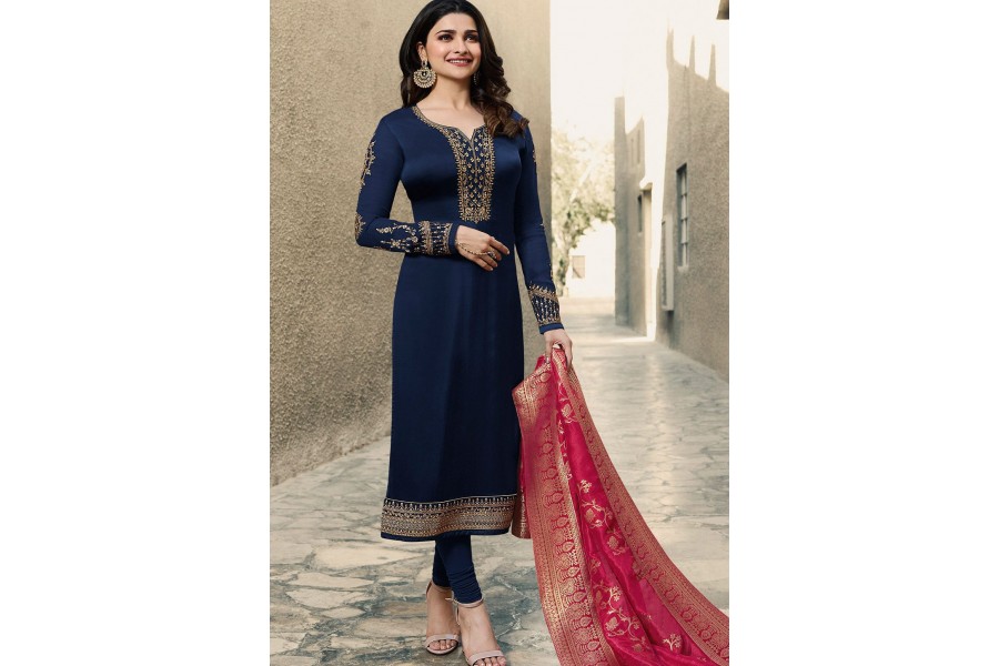prachi desai navy blue satin georgette straight cut suit with banarasi dupatta 9878