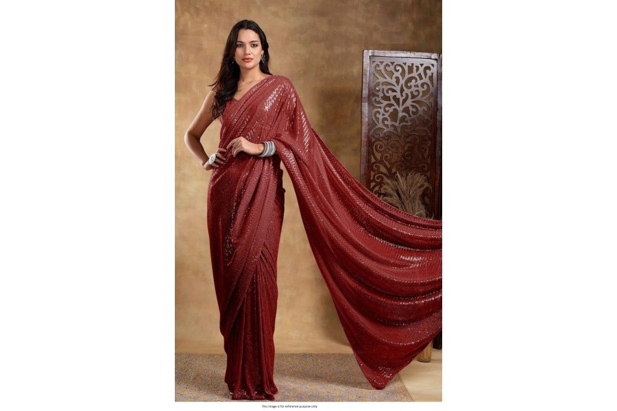 Buy Bollywood Model georgette sequins party wear saree in Maroon in UK, USA and Canada