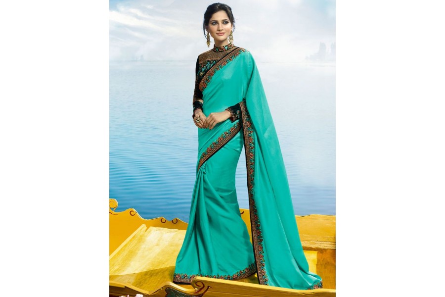 Buy Turquoise Color Barfi silk designer party wear saree in UK, USA and ...
