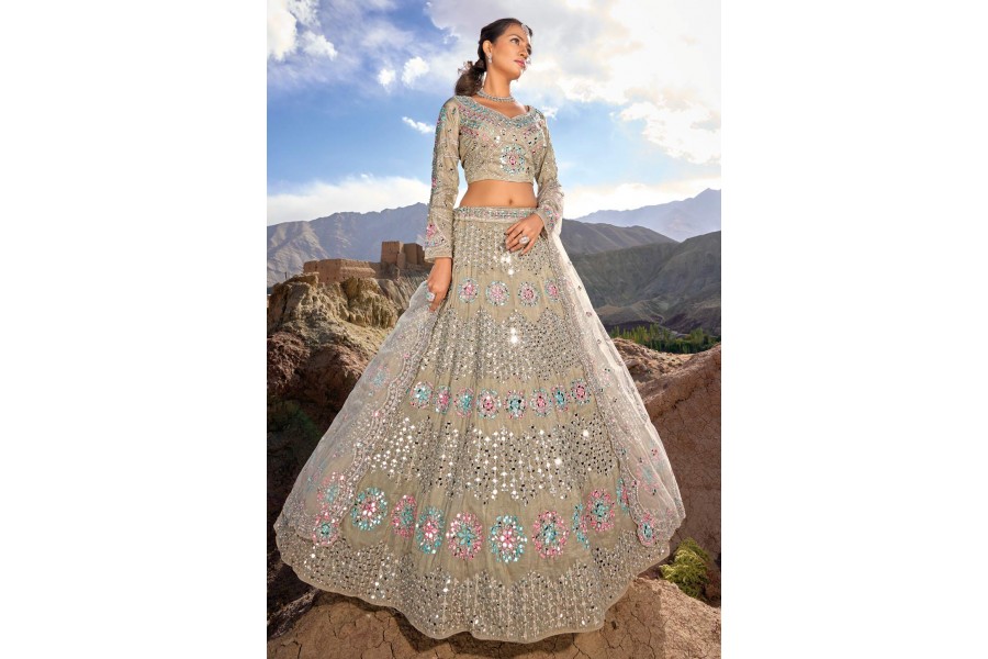 Beige organza wedding lehenga choli 7409