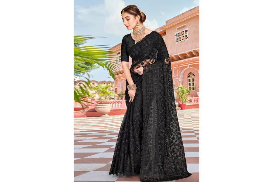 Black net saree with blouse 1471