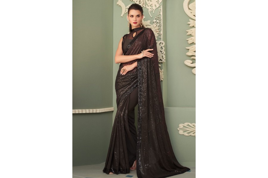 Dark brown georgette sequence saree 7204