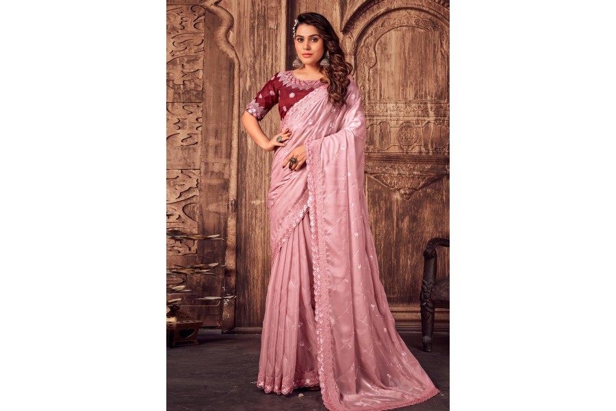 Pink silk saree with blouse 464B