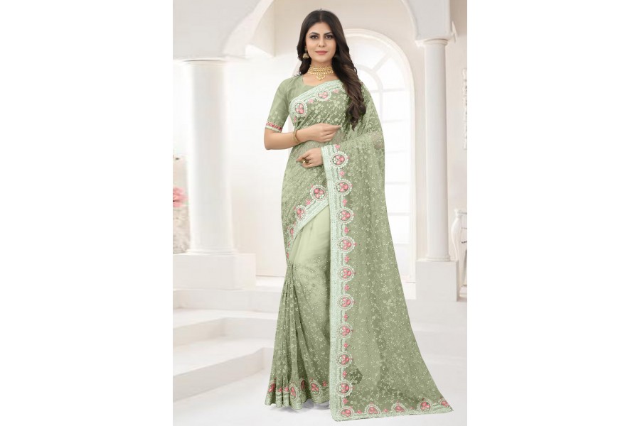 Pista green net saree with blouse 6363