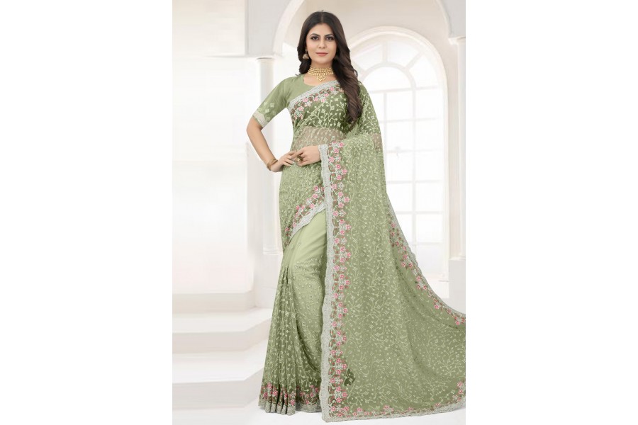 Pista green net saree with blouse 6368