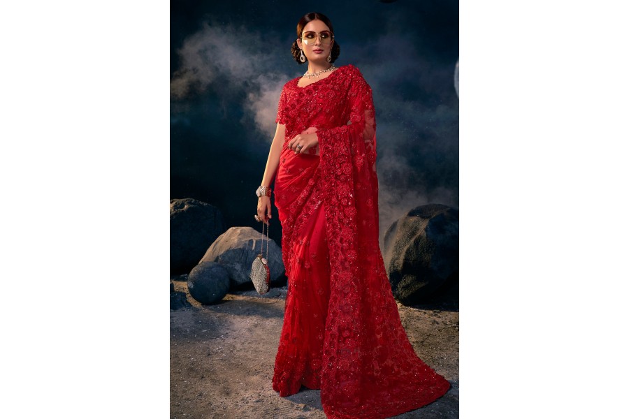 Red net saree with blouse 6307
