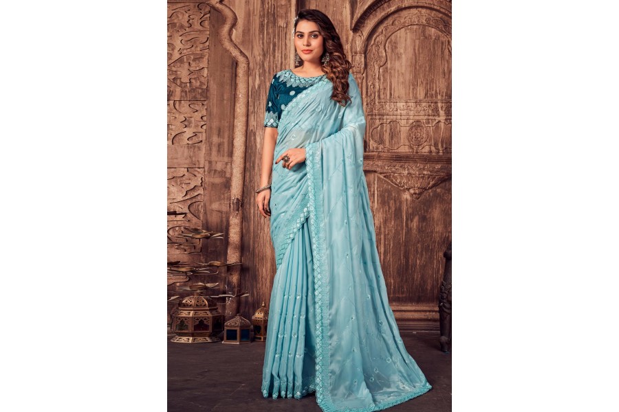 Sky blue silk saree with blouse 464D