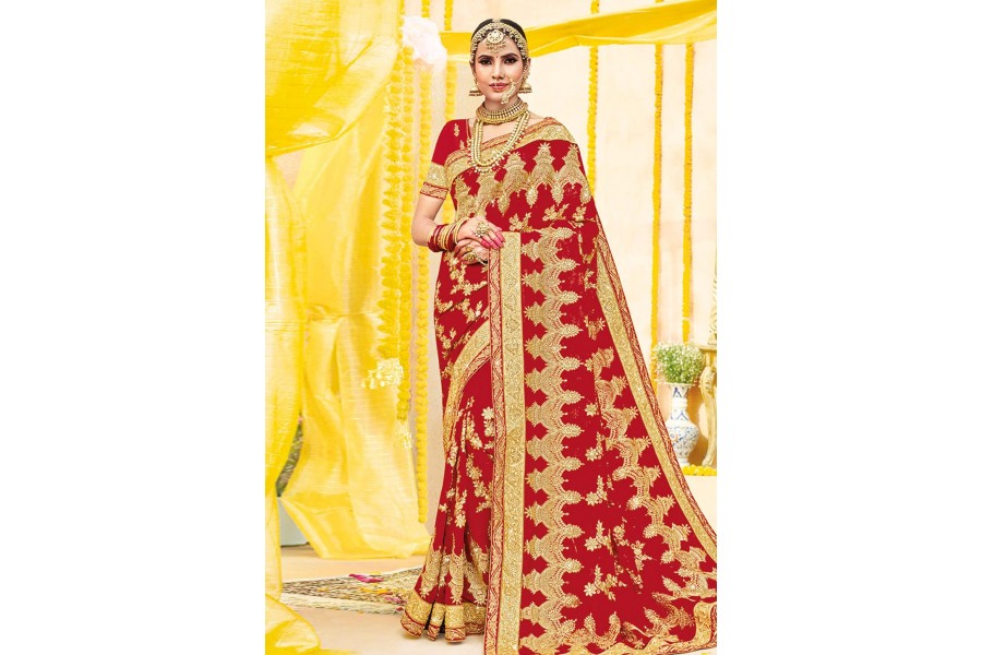 Red georgette stone work bridal wear saree 2774
