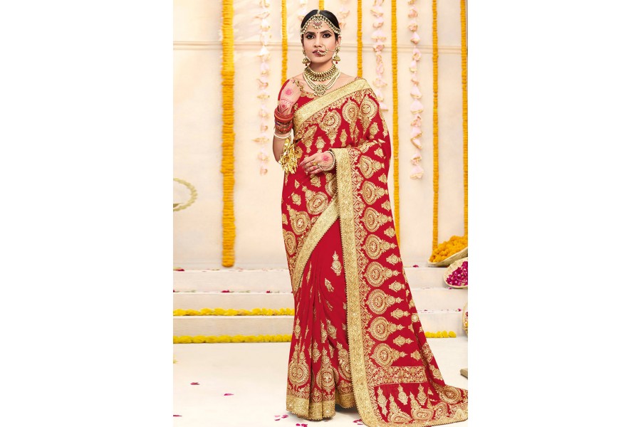 Red georgette stone work bridal wear saree 2780