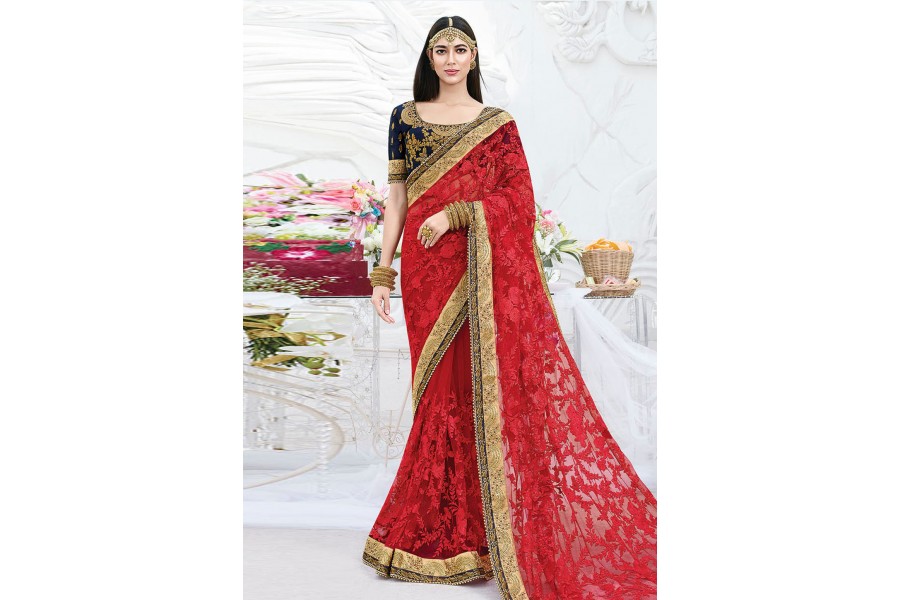 Red net embroidered saree with blouse 2791