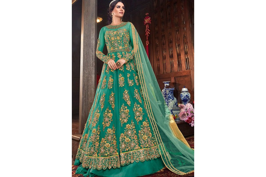 Blue Net Embroidered Lehenga Style Anarkali Suit 6103d