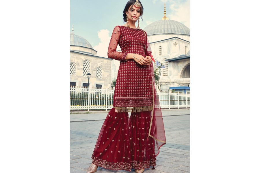 maroon net embroidered sharara suit 79001