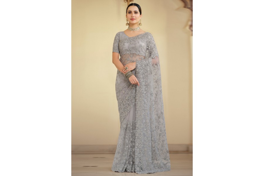 Grey net saree with blouse 7512