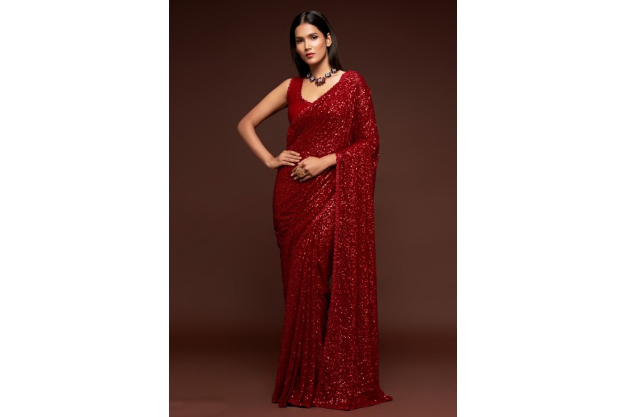 Red georgette saree with blouse 1010