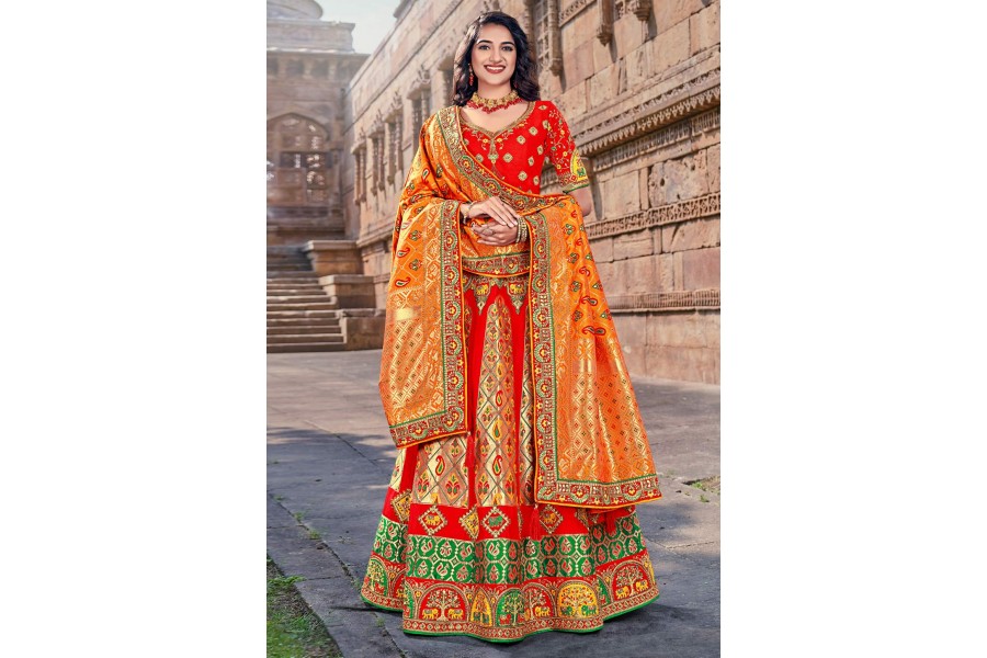 Banarasi silk circular lehenga choli in Red colour 1701