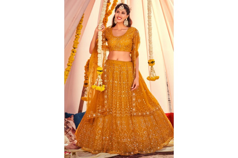 Soft net sequence work lehenga choli in Mustard colour 1171