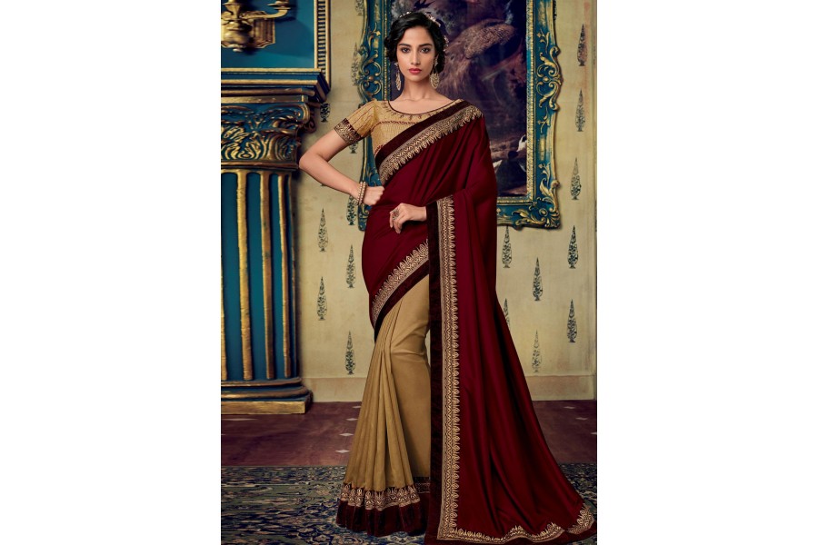 Maroon art silk embroidered half and half saree 88336