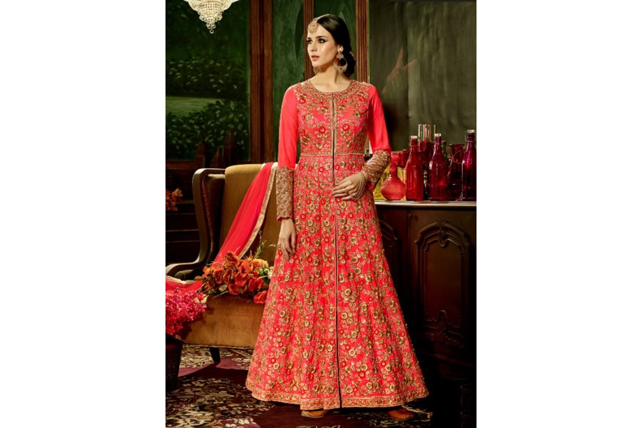 Gajri silk bridal wear embroidery work anarkali style 3882