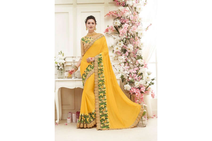 Party wear yellow color saree