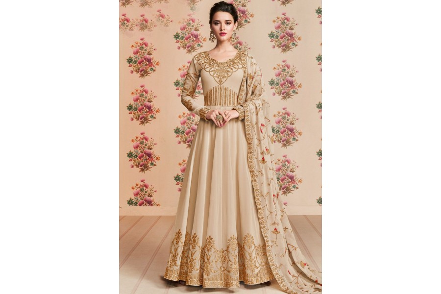 beige georgette embroidered long anarkali suit 8191