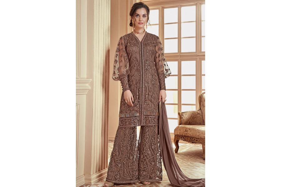 brown heavy net embroidered palazzo style pakistani suit 908