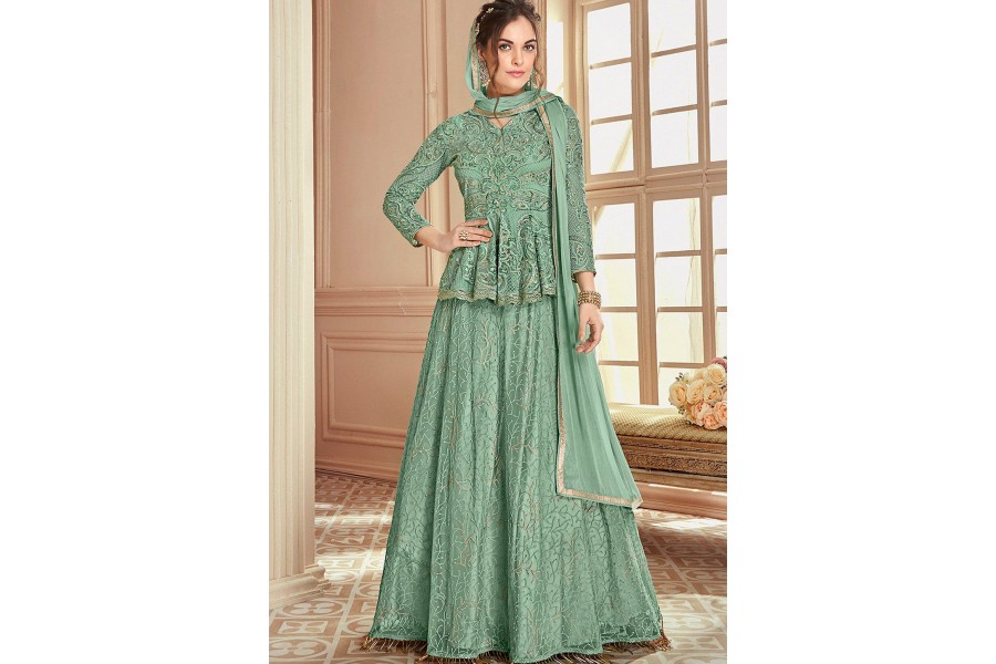 cyan heavy net embroidered koti style anarkali suit 904