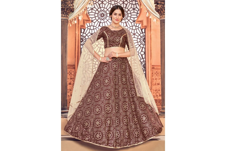 Maroon taffeta sequins work lehenga choli 1731