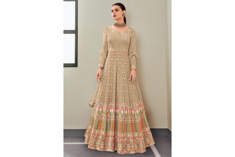 Beige georgette embroidered long anarkali suit 113