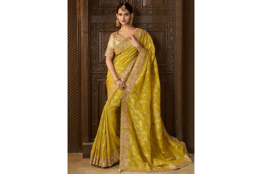 Mustuard tissue silk embroidered wedding saree with blouse 8402C