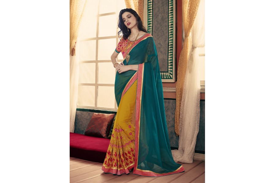 Party-wear-Mustard-Rama-Green-color-saree