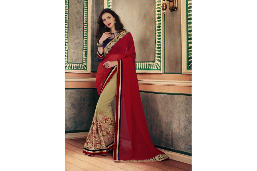 Party-wear-Red-Chikoo-color-saree