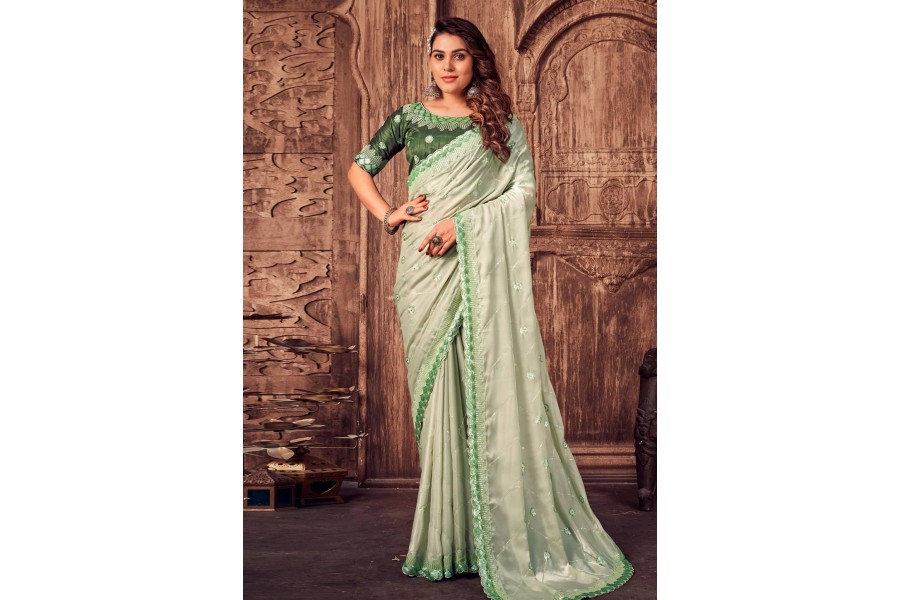 Satin silk Saree with blouse in Pista green colour 6564