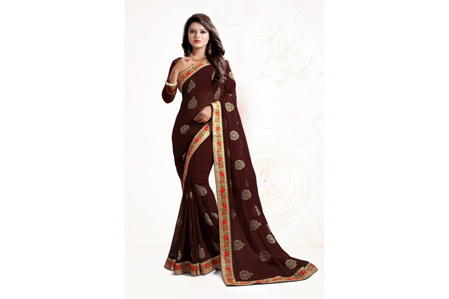 Indian Wedding Georgette Brown Colour Saree 1554