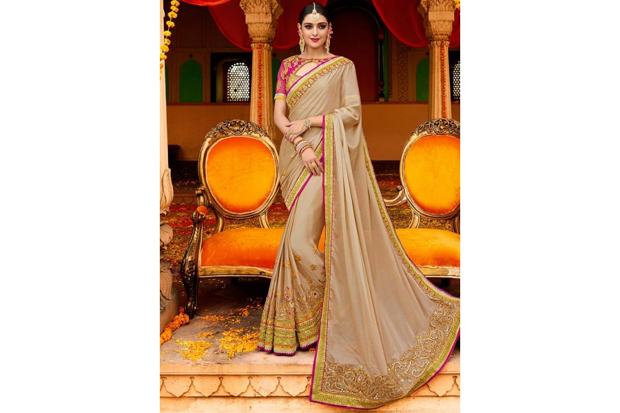 Buy Chikku color silk wedding saree in UK, USA and Canada