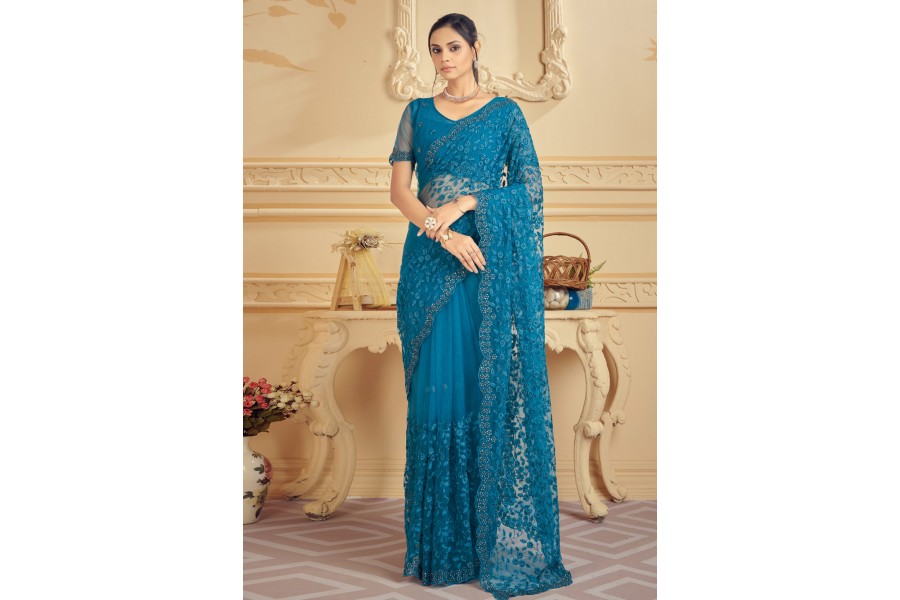 Net Saree with blouse in Blue colour 1327