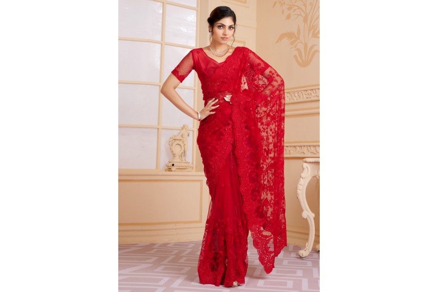 Net Saree with blouse in Red colour 1323