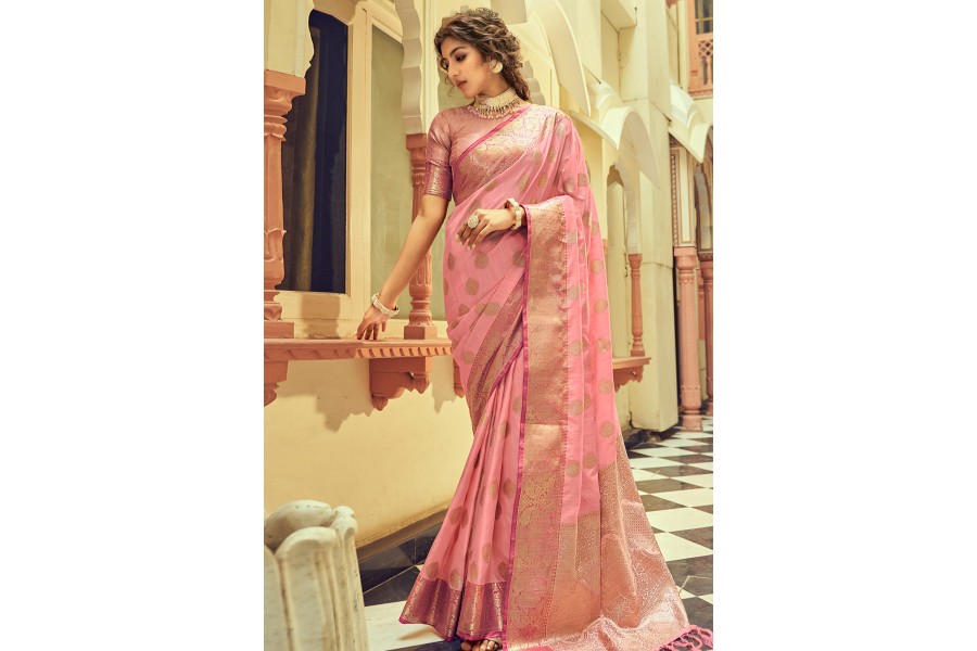 Silk Saree with blouse in Pink colour 10063