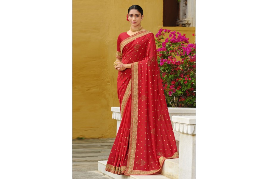 Silk Saree with blouse in Red colour 87827