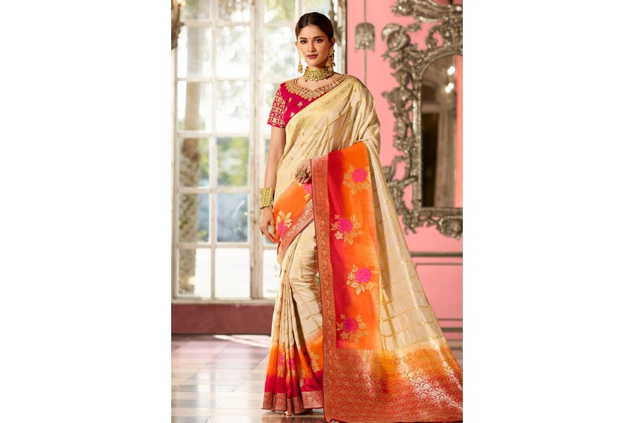 Buy Off white and red Indian Wedding silk saree in UK, USA and Canada