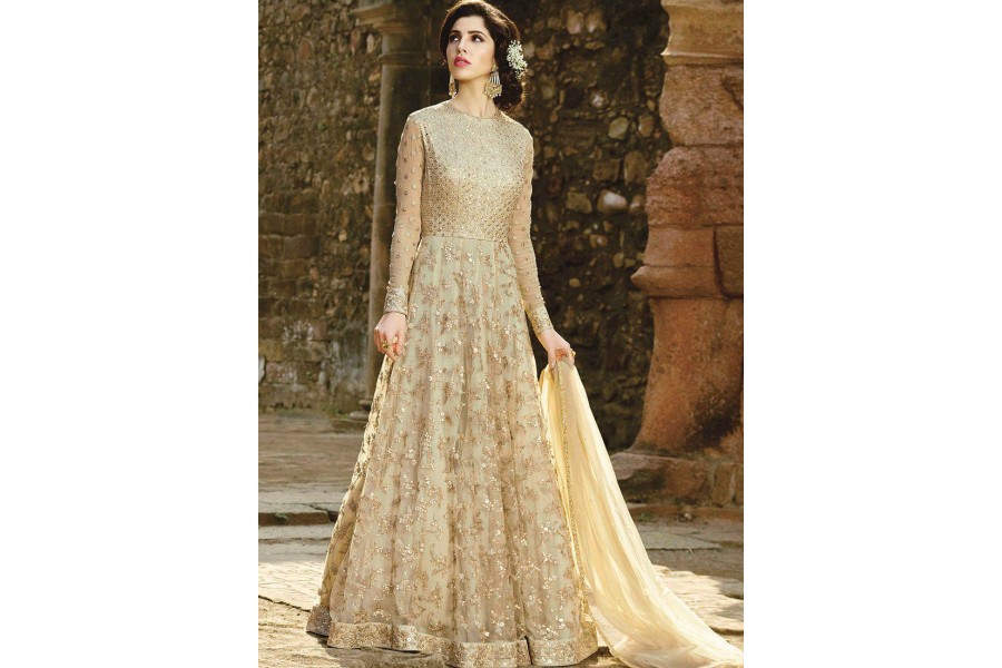 Buy Beige color net party wear anarkali in UK, USA and Canada