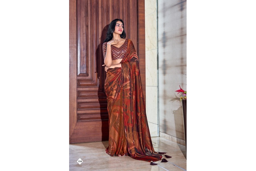 Brown 3D Velvet designer saree with blouse 104