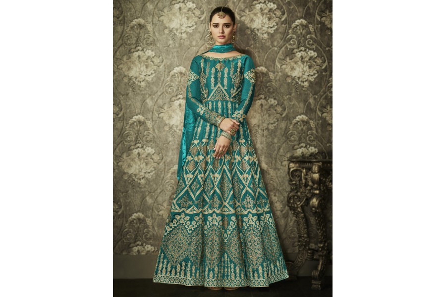 Teal color silk Indian wedding wear anarkali 1002