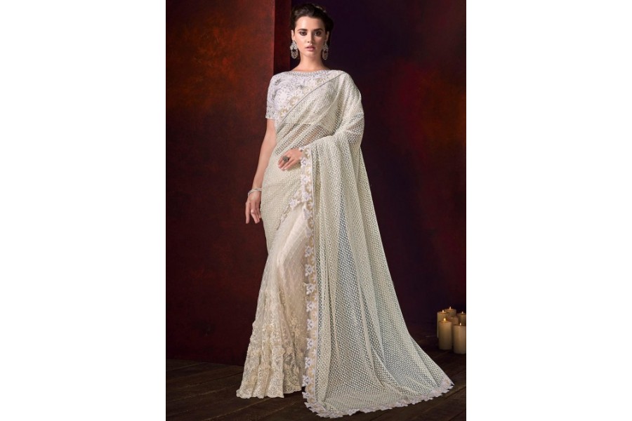 Buy White color net moti work wedding saree in UK, USA and Canada