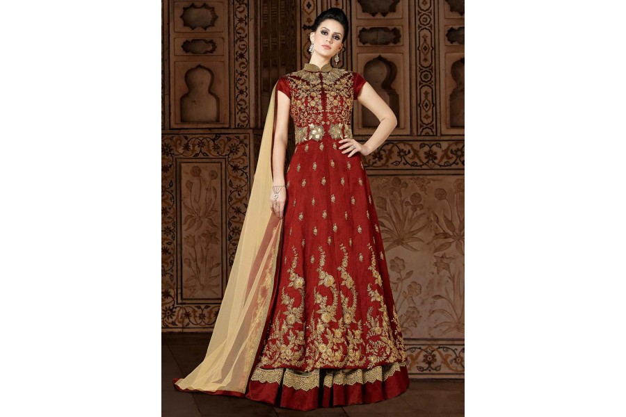 Buy Maroon color silk wedding anarkali in UK, USA and Canada