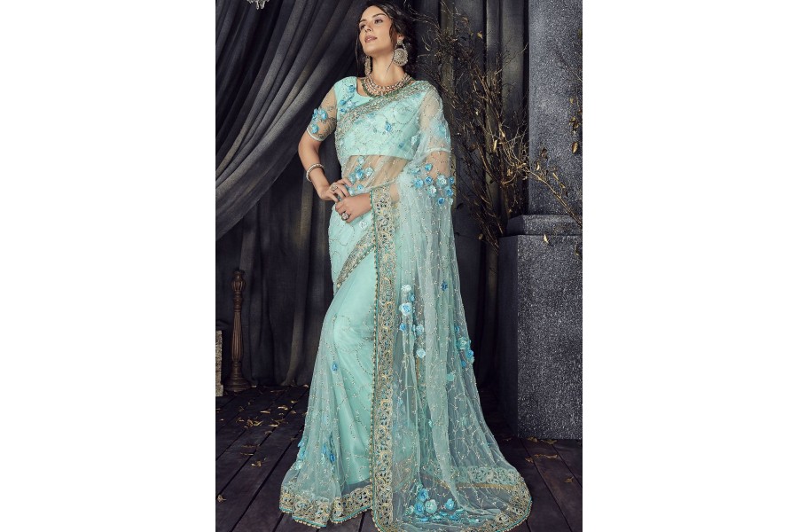 Buy Sky blue Color net designer party wear saree in UK, USA and Canada