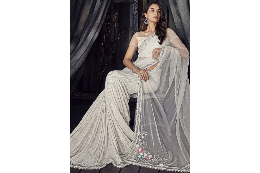 Buy White Color net designer party wear saree in UK, USA and Canada
